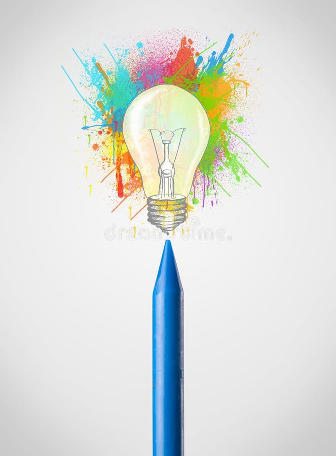 Crayon Close-up with Colored Paint Splashes and Lightbulb Stock Image ...