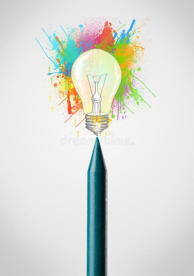 Crayon Close-up with Colored Paint Splashes and Lightbulb Stock Image ...