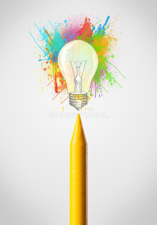 Crayon Close-up with Colored Paint Splashes and Lightbulb Stock Image ...