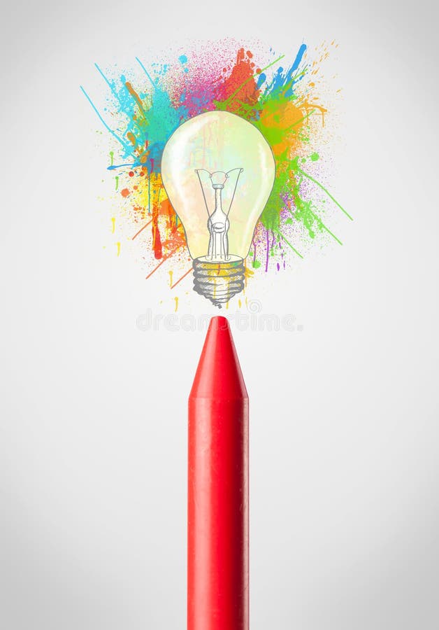 Crayon Close-up with Colored Paint Splashes and Lightbulb Stock Image ...