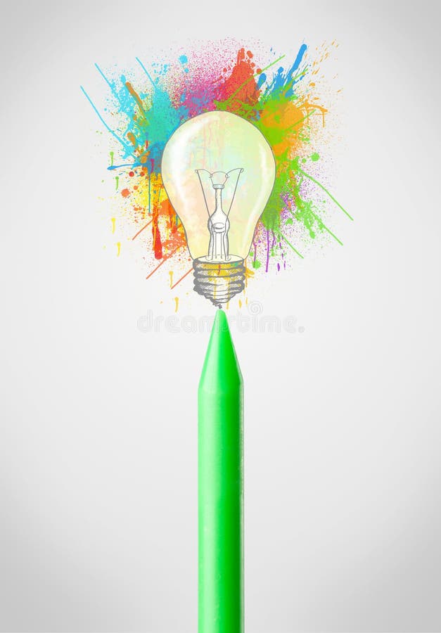Crayon Close-up with Colored Paint Splashes and Lightbulb Stock Photo ...