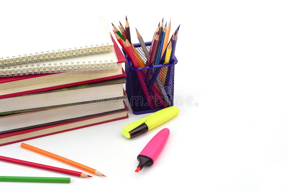Crayon or Colored Pencils in Box with Side Stack of Books and School ...