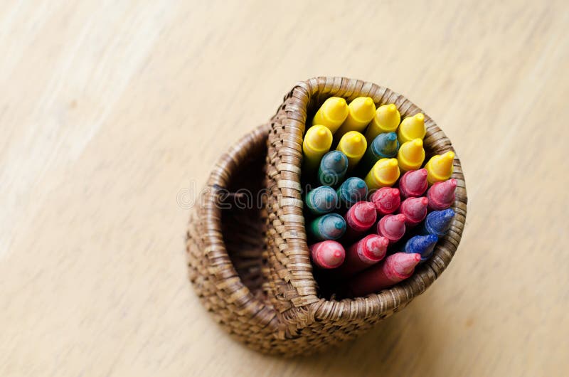 Crayon Colorful in Basket on Wood Table Stock Image - Image of ...