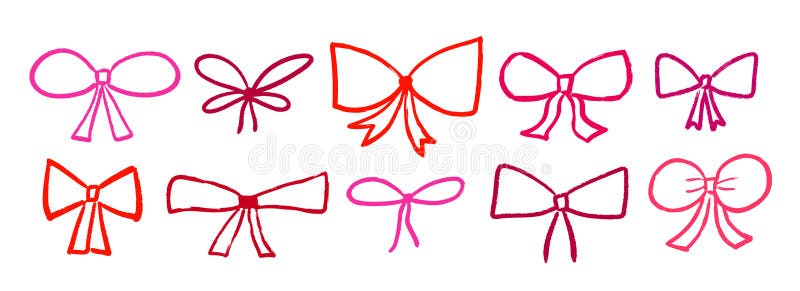 Crayon Hand Drawn Bows Collection. Red and Pink Doodled Ribbon Bows Set ...