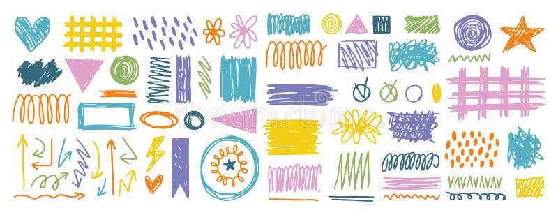 Crayon Pencil Brush Stroke Messy Elements Set. Colorful Children ...