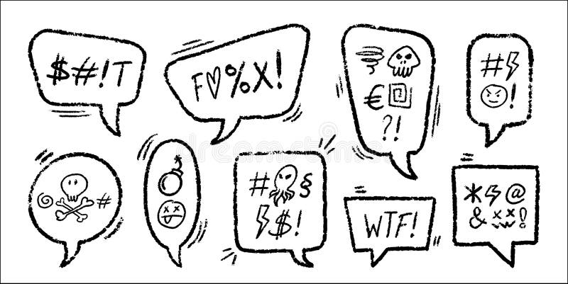 Crayon Speech Bubbles with Abstract Swear Words Vector Set. Chalk ...