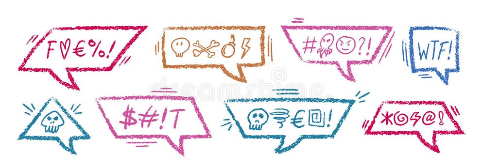 Crayon Speech Bubbles with Abstract Swear Words Vector Set. Chalk ...