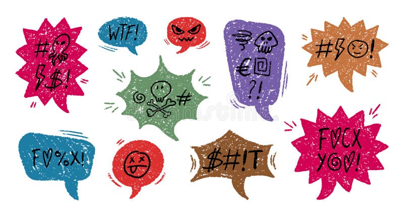 Crayon Speech Bubbles with Abstract Swear Words Vector Set. Chalk ...