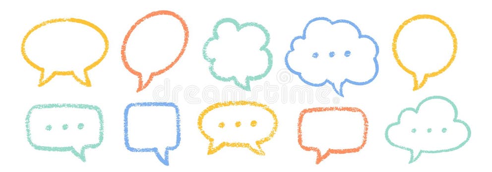 Crayon Speech Bubbles Vector Set. Chalk Scribble Talking Clouds Shapes ...