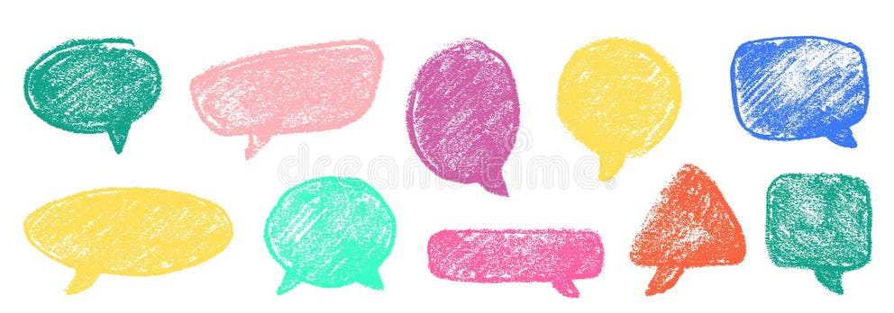 Crayon Speech Bubbles Vector Set. Chalk Scribble Talking Clouds Shapes ...
