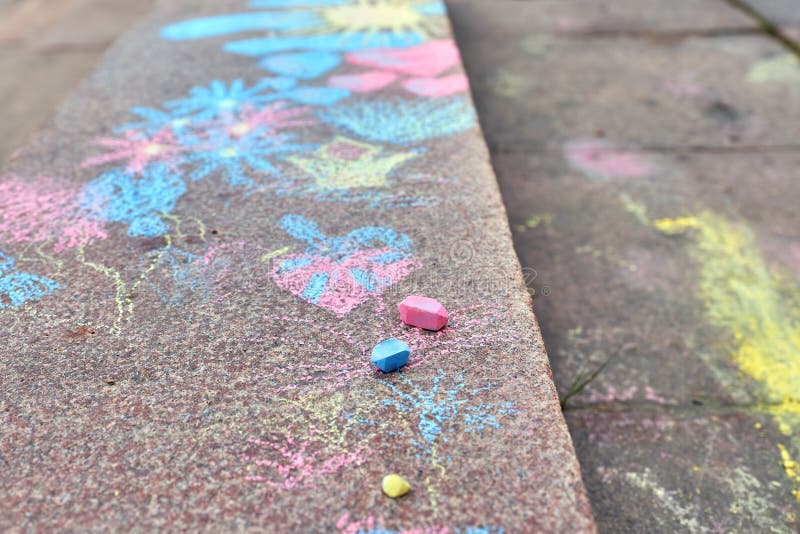 Pieces of Chalk and Colored Chalk Drawings on the Granite Slab Stock ...