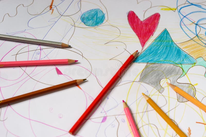 Crayons Lying on a Paper with Heart Drawing Stock Illustration ...