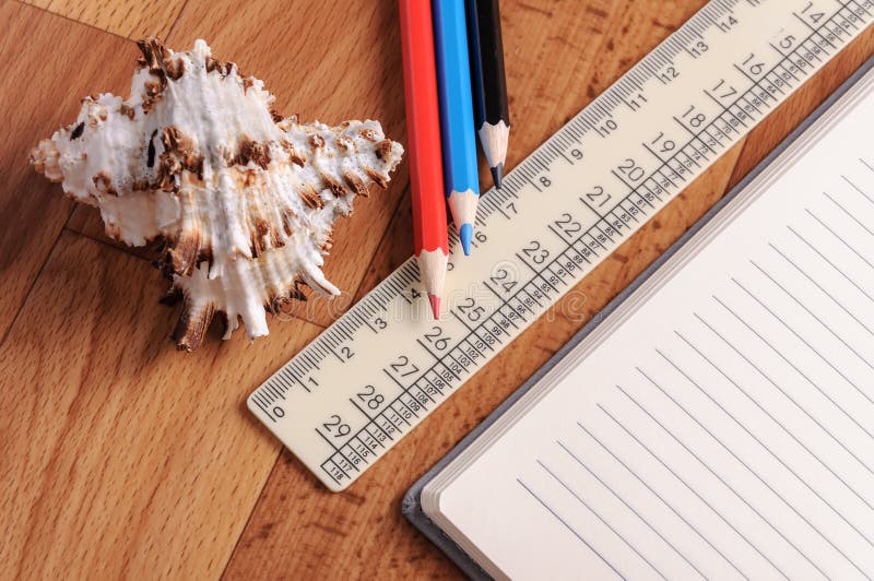 Crayons, a Ruler and Notepad Closeup Stock Photo - Image of grunge ...