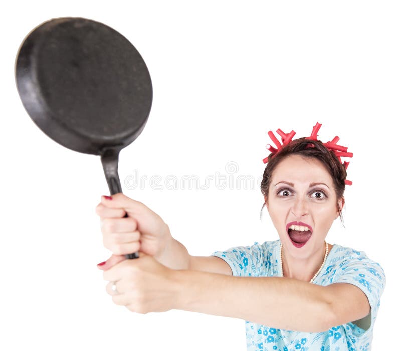 Crazy Angry Screaming Housewife with Pan Stock Photo - Image of curler ...