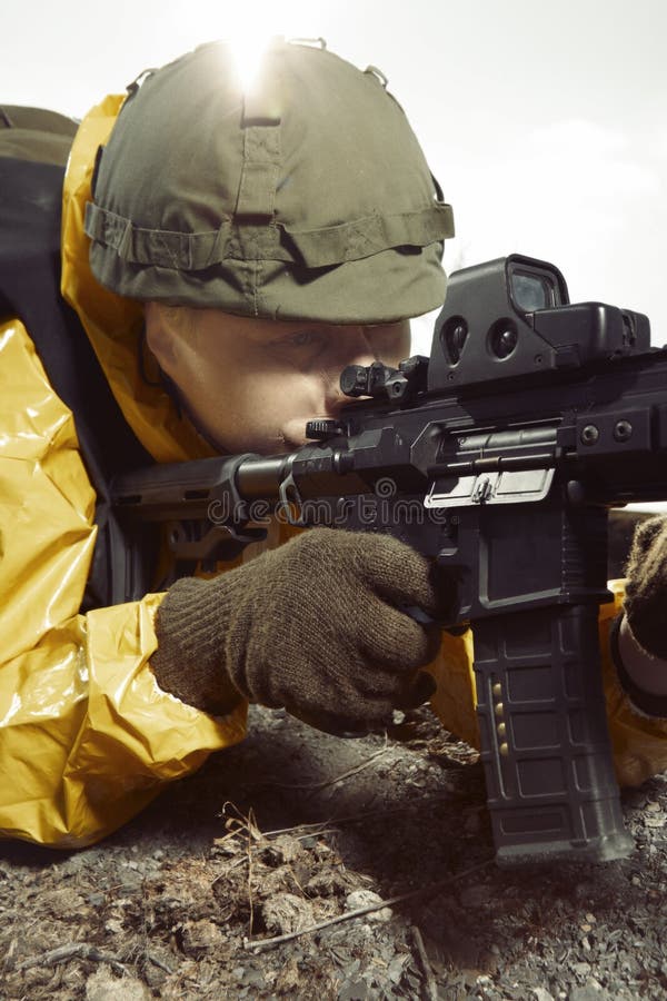 Crazy Armed Man in Stocking Mask Awaiting Atomic War Pointing on Some ...
