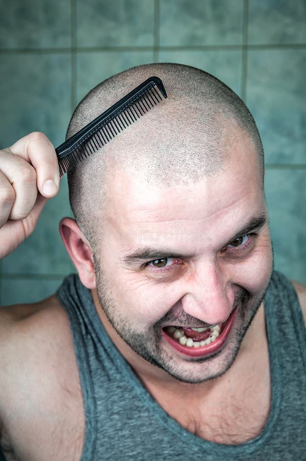 Crazy Bald Man with Black Comb Stock Image - Image of process, hairline ...