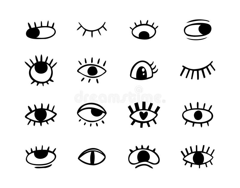 Crazy Doodle Black Eyes. Open Eye Creative Set. Abstract Hand Drawn Fun ...