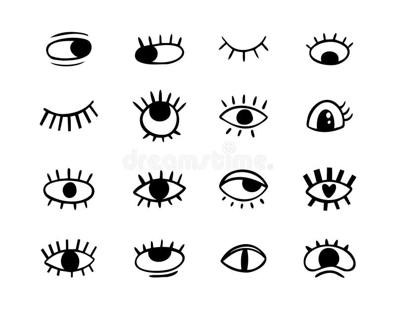 Crazy Doodle Black Eyes. Open Eye Creative Set. Abstract Hand Drawn Fun ...
