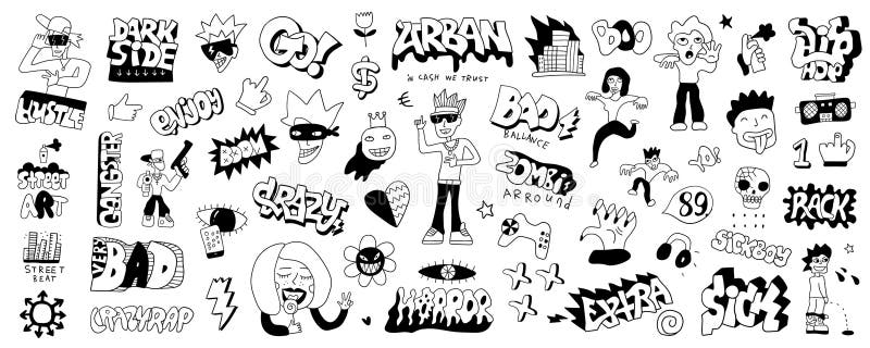 Crazy Doodle Characters Words Graffiti Style Isolated Vector Set Stock ...