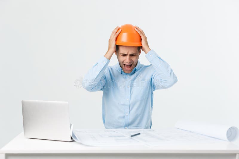 Crazy Engineer or Architect Man with His Project in His Office. Angry ...