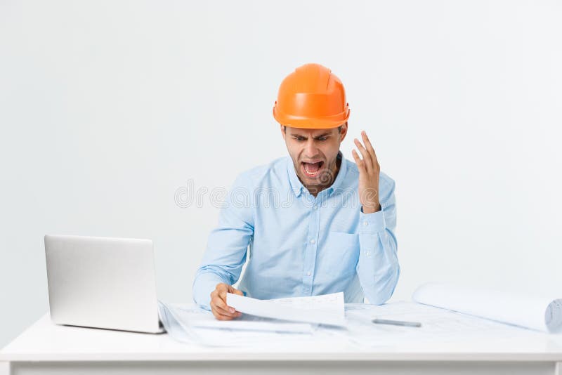 Crazy Engineer or Architect Man with His Project in His Office. Angry ...