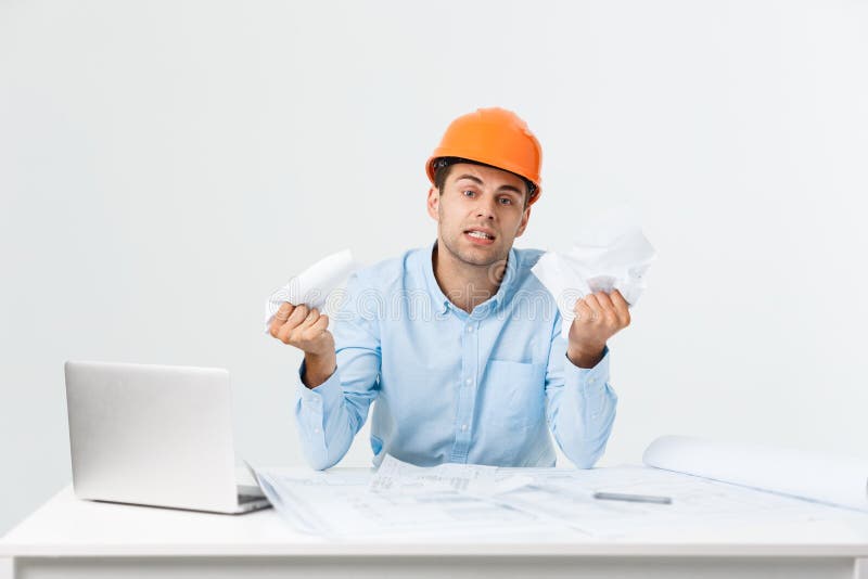 Crazy Engineer or Architect Man with His Project in His Office. Angry ...