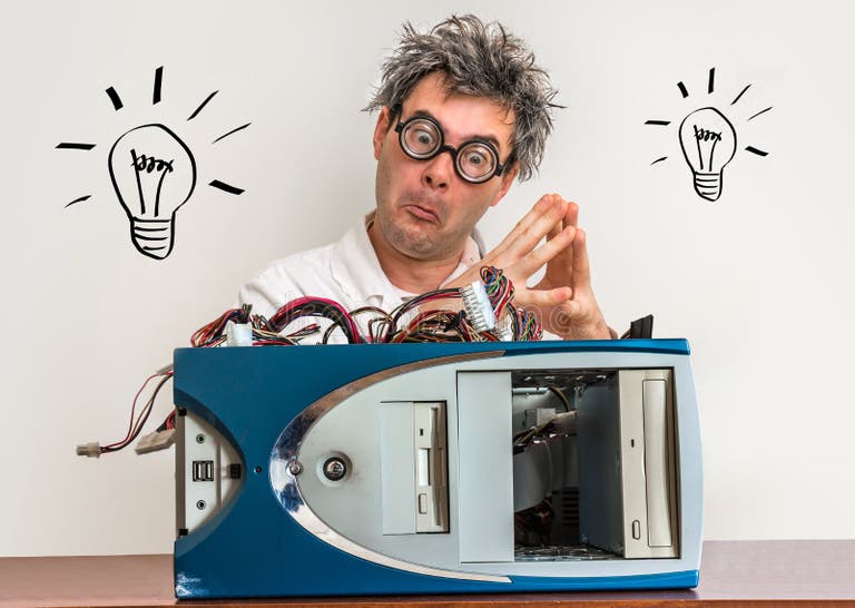 Crazy Engineer or Scientist Repairing Computer with Bulb Symbol Stock ...