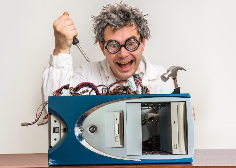 Crazy Engineer or Scientist Repairing Computer Stock Image - Image of ...