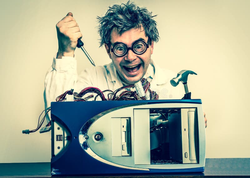 Crazy Engineer or Scientist Repairing Computer - Retro Style Stock ...