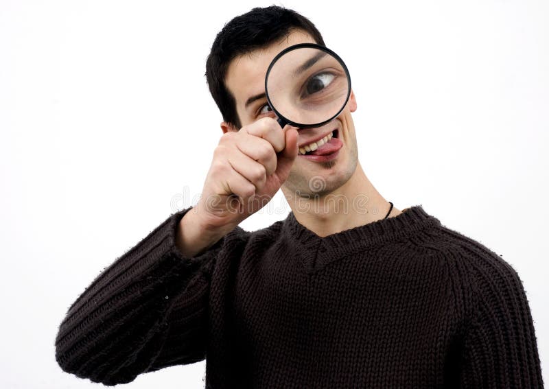 Crazy guy with loupe stock image. Image of magnifying - 12415555