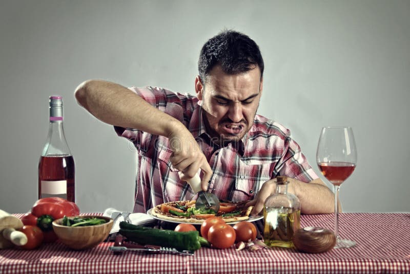Crazy Hungry Man Eating Pizza Stock Photo - Image of tomato, eating ...