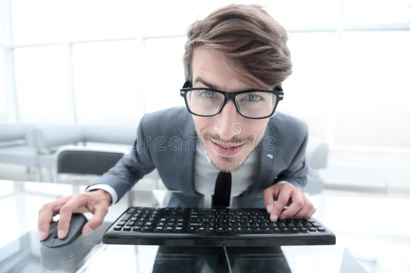 Crazy Looking Man Typing on the Keyboard Stock Image - Image of smile ...