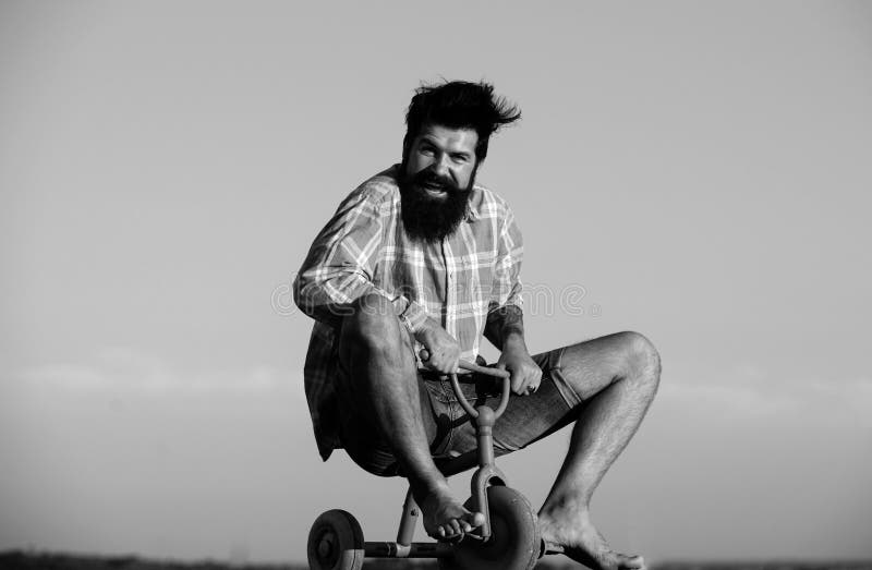 Crazy Man Bicyclist Riding Three Wheeled Bicycle. Stock Photo - Image ...