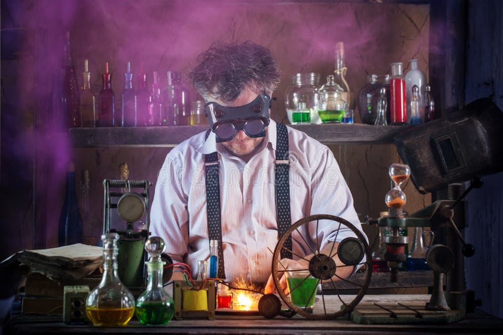 Crazy Medieval Scientist Working in Laboratory Stock Image - Image of ...