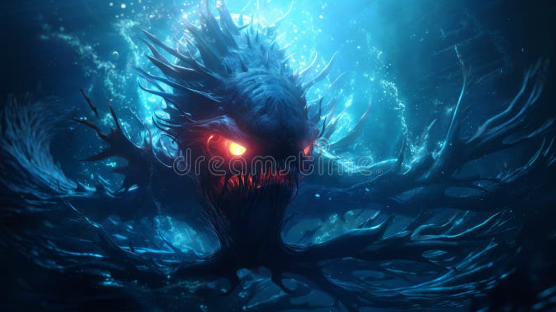 Crazy Monster Fish with Glowing Eyes in Creepy Underwater Space. Neural ...