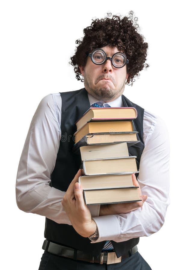 Crazy Nerd Student With Many Books Isolated On White Background Stock ...