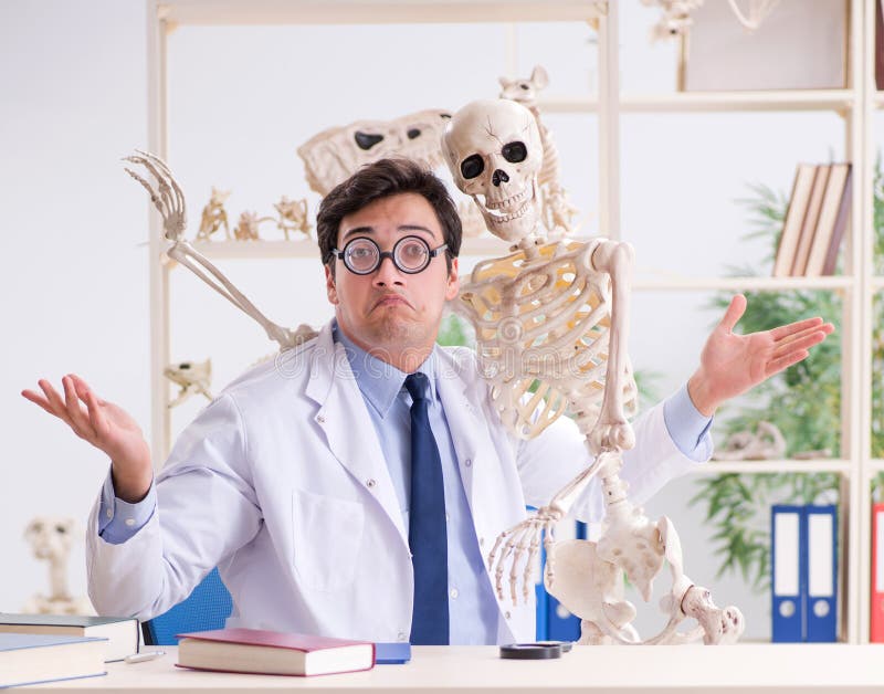 Crazy Professor Studying Human Skeleton Stock Image - Image of funny ...
