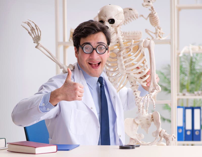 Crazy Professor Studying Human Skeleton Stock Image - Image of nerd ...