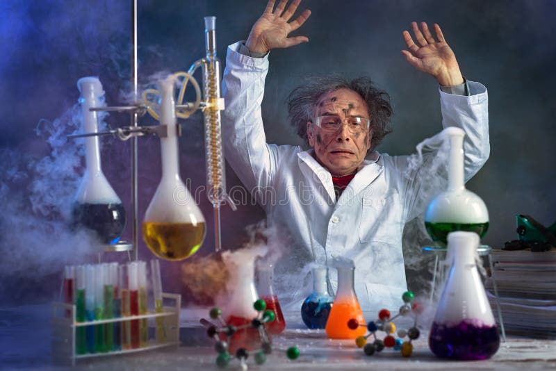 Crazy Scientist in Lab Surrounded by the Smoke from the Explosion Stock ...