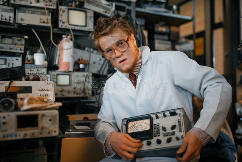 Crazy Scientist Works with Electricity in Lab Stock Photo - Image of ...