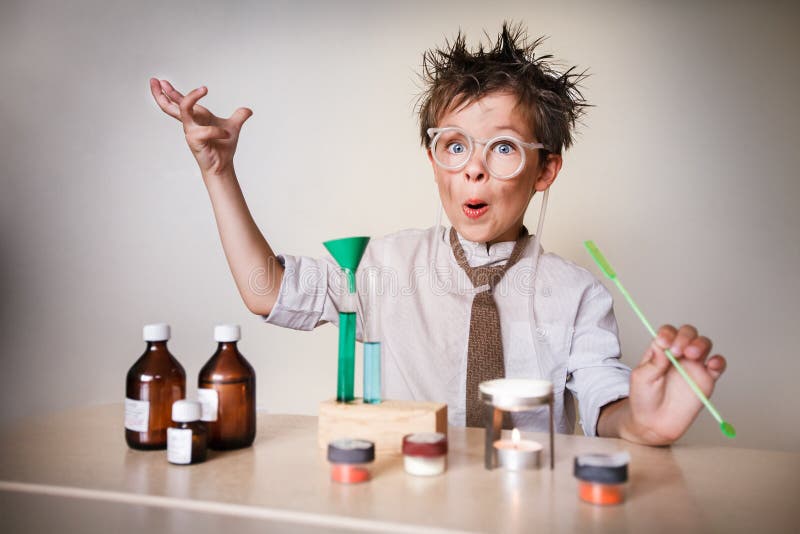 Crazy Scientist. Young Boy Performing Experiments Stock Photo - Image ...