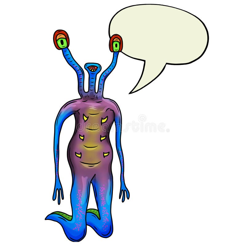 Crazy Strange Blue and Purple Space Alien or Monster with Speech Bubble ...