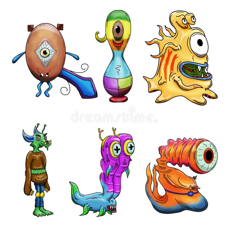 Crazy Strange Space Alien or Monster Set of 6. Original Colored Stock ...
