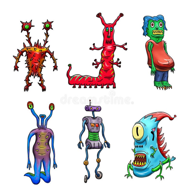 Crazy Strange Space Alien or Monster Set of 6. Original Colored Stock ...