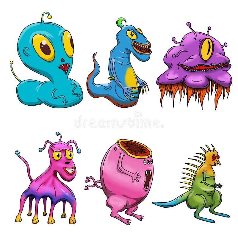 Crazy Strange Space Alien or Monster Set of 6. Original Colored ...