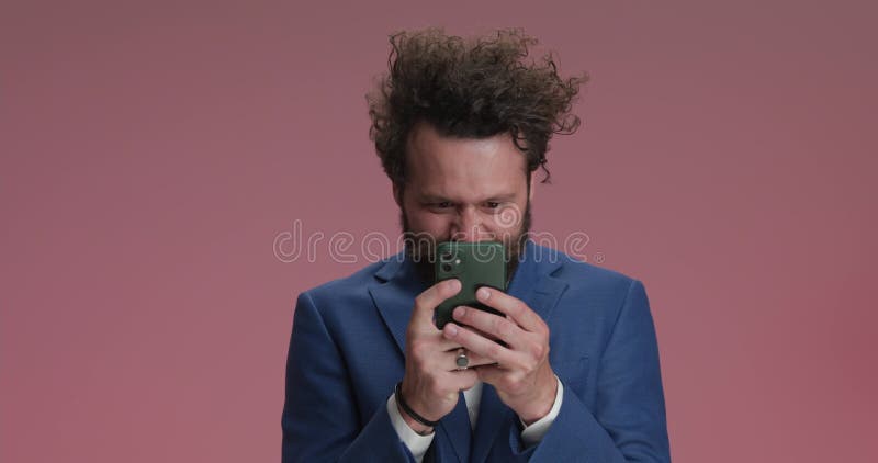 Funny Young Man with Curly Hair, Neard and Moustache Posing in Studio ...