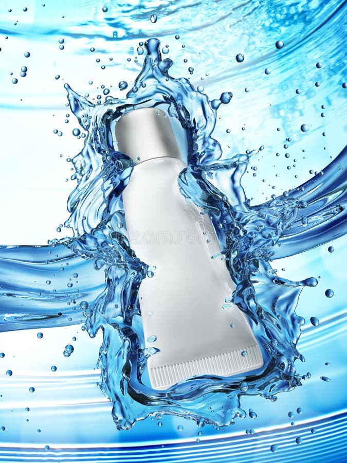 Cream Bottle Mock Up in Water Splash on Blue Background. Stock Photo ...