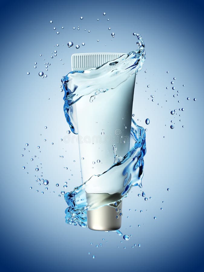 Cream Bottle Mock Up in Water Splash on Blue Background. Stock ...