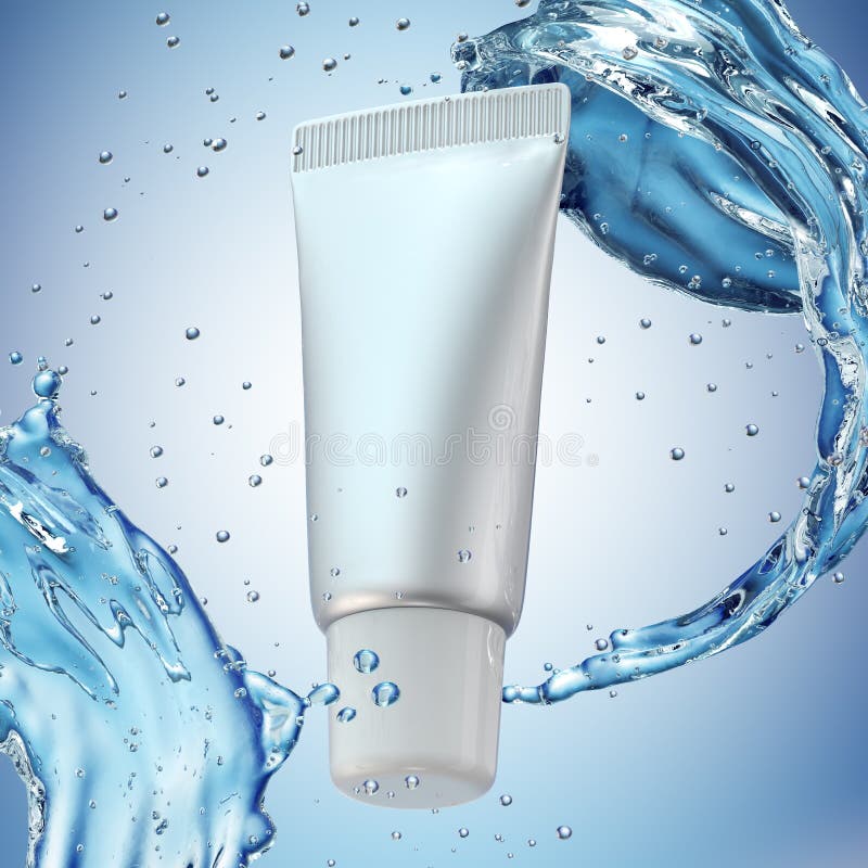Cream Bottle Mock Up in Water Splash on Blue Background. Stock Photo ...