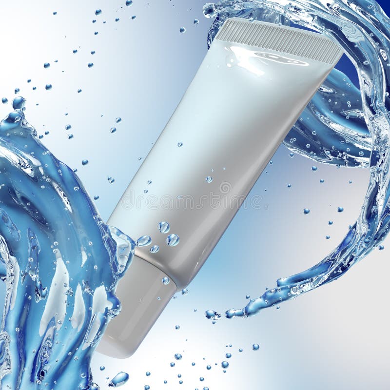 Cream Bottle Mock Up in Water Splash on Blue Background. Stock ...